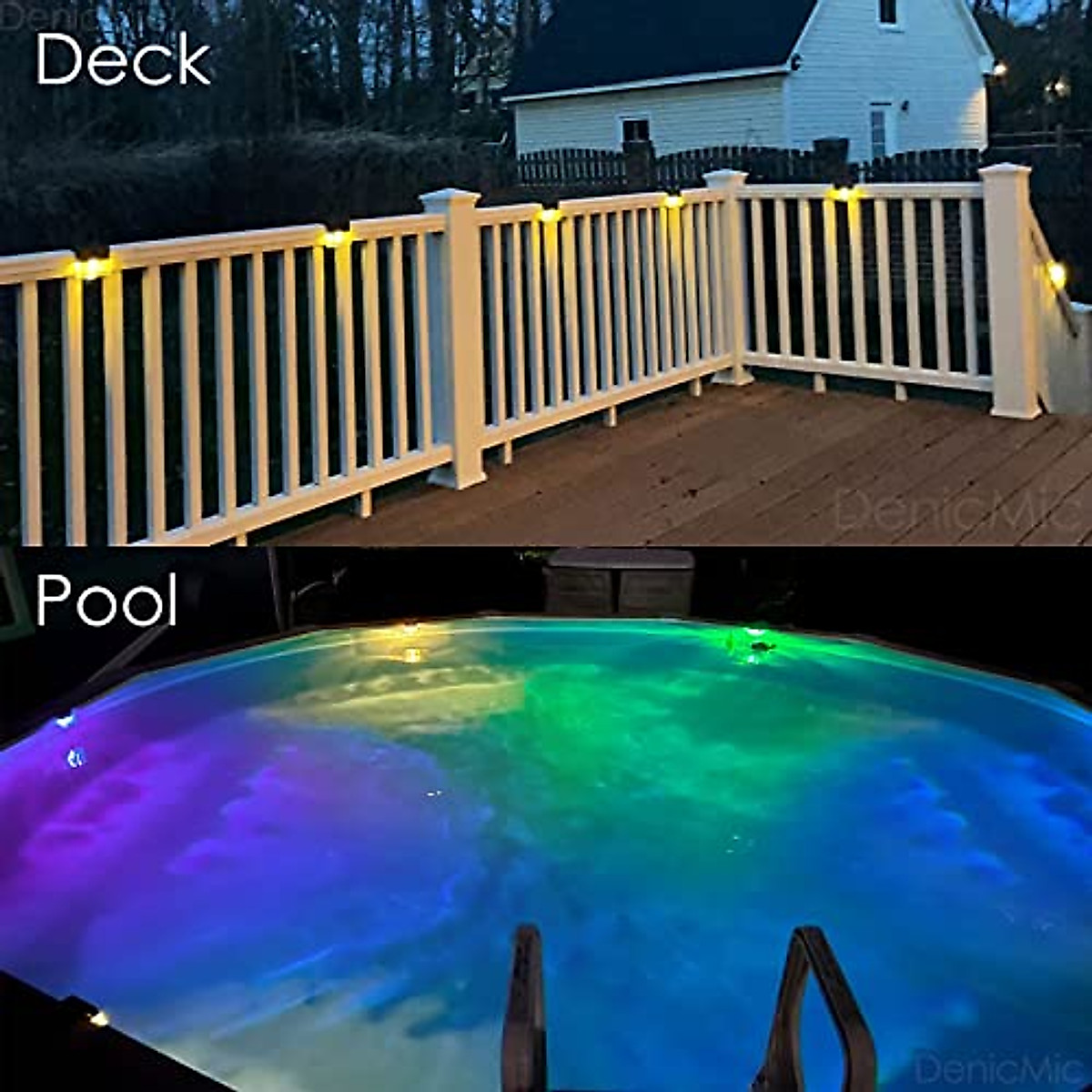 DenicMic Solar Deck Lights Outdoor Fence Solar Lights for Step, Railing, Wall, Pool Side LED Waterproof Warm White/Color Changing Patio Decor 6 Pack