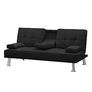 QCHANER Modern Convertible Folding Futon Sofa Bed, Fabric Home Recliner Loveseat Folding Daybed Guest Bed with Cup Holders for Compact Living Space, Apartment, Dorm, Bonus Room, Black