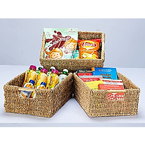 Large Wicker Basket Rectangular with Wooden Handles, Seagrass Basket Storage, Natural Baskets for Organizing, Wicker Baskets for Shelves 15.5 x 10.6 x 5.5 inches - 3 Pack