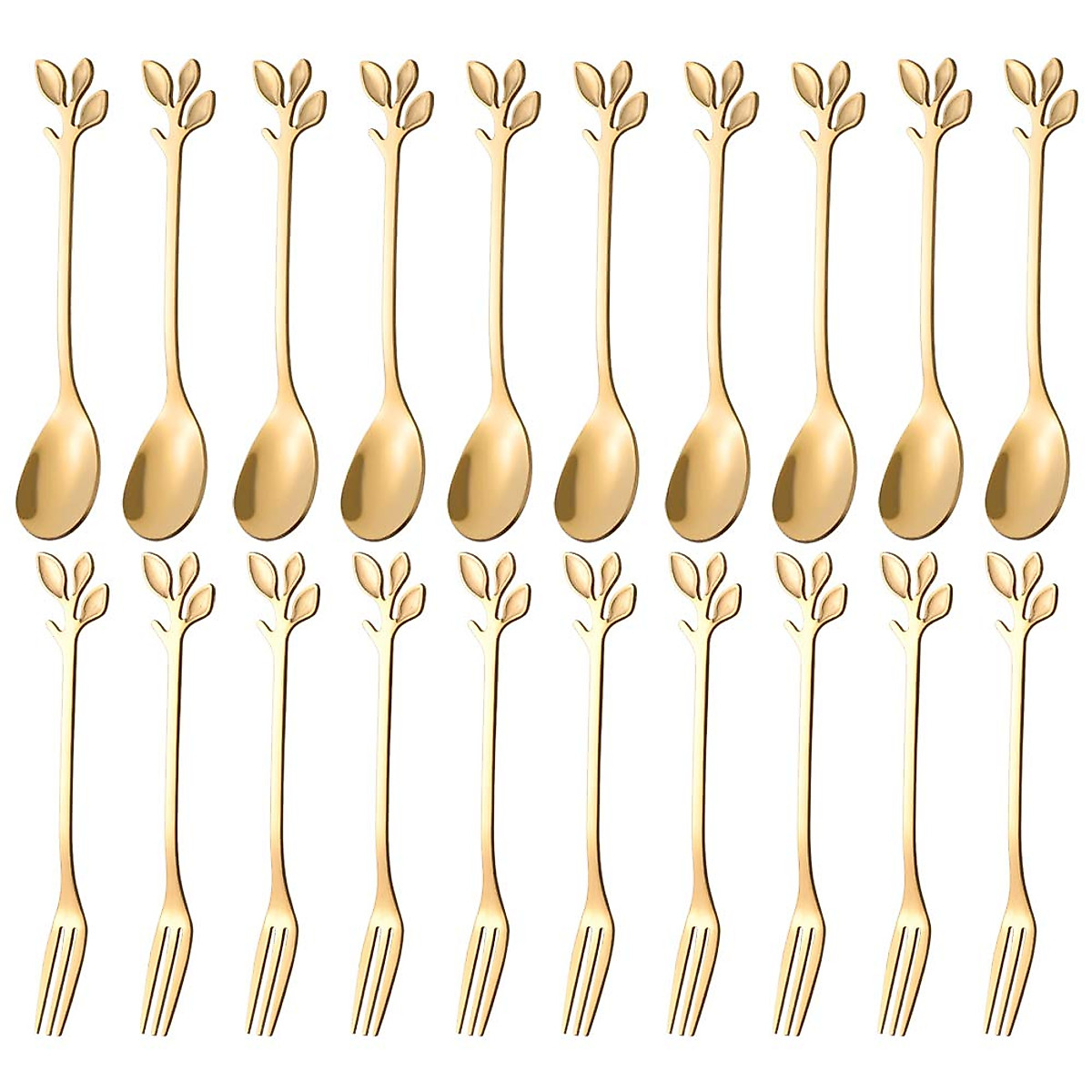 AnSaw 20-Pc Mini Gold Coffee Spoons & Dessert Forks Set, 4.7" Stainless Steel Leaf Handle, Ideal for Tea, Appetizers, Tastings - Perfect for Party, Charcuterie, Cocktails
