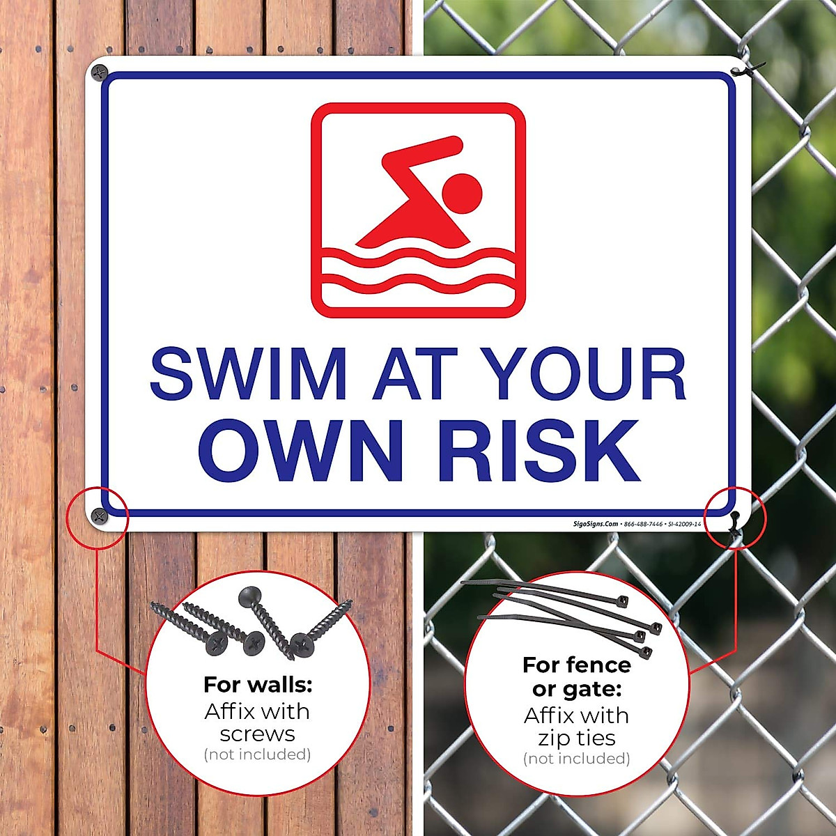 Swim at Your Own Risk Sign, Pool Sign, 10x14 Inches, Rust Free .040 Aluminum, Fade Resistant, Made in USA by Sigo Signs