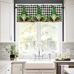 Valances for Windows St. Patrick's Day Clover Gold Coin Gnomes Black White Buffalo Plaid Kitchen Valances for Windows Rod Pocket Window Valance Curtains,Semi Sheer Valance for Kitchen 54" x18"