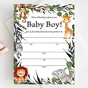 Moonrise Papery Set of 25 Safari Theme Baby Shower Invitations with Envelopes, Jungle Theme Baby Shower, Boy Baby Shower Invitations