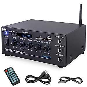 Pyle Compact Mini Home Power Amplifier - 40W Smart Small Audio Stereo Receiver w/ AUX 2 Microphone IN COM/8-Ohm/25V/70V Speakers LED Input Selector For PA Amplified Speaker Sound System PCM20A