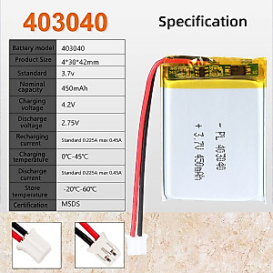 AKZYTUE 3.7V 450mAh 403040 Lipo Battery Rechargeable Lithium Polymer ion Battery Pack with JST Connector