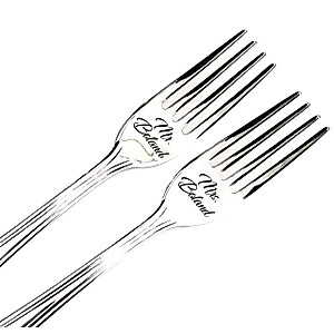 Personalized Reusable Silverware Sets for Bride and Groom, Engraved Mr and Mrs Forks for Wedding Cake Ceremony, Engagement Bridal Shower Anniversary Birthday Congratulations Gifts