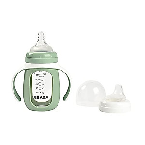 BEABA 2-in-1 Glass Baby Bottle to Glass Training Sippy Cup, Learning Cup, Baby Bottle with Soft Silicone Nipple and Sippy Spout, Baby, Toddler 7 oz (Sage)