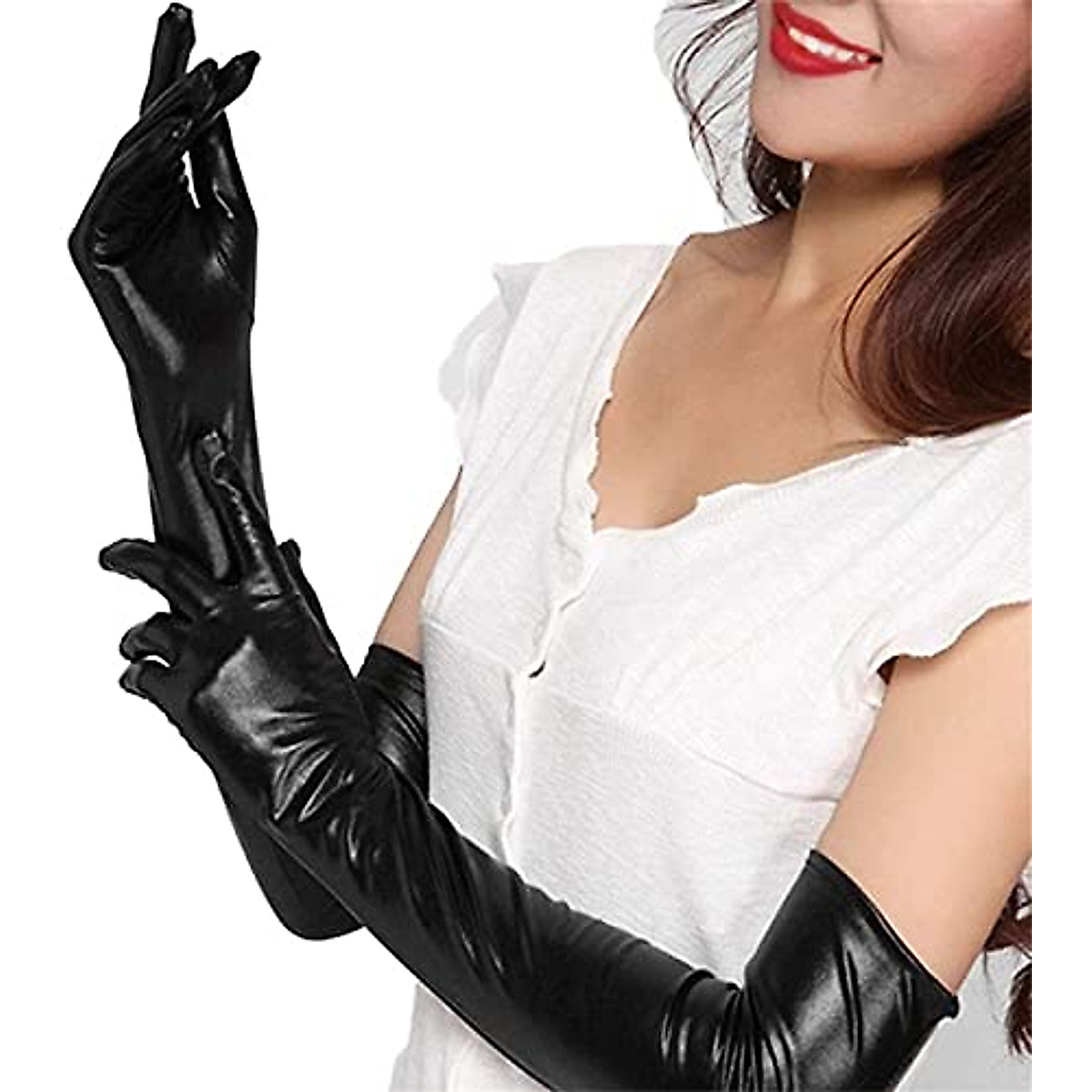 Achsoo Women's Faux Leather Sexy Long Gloves Sexy Wet Look Latex Elbow Length Long Gloves (Black(Patent Leather))