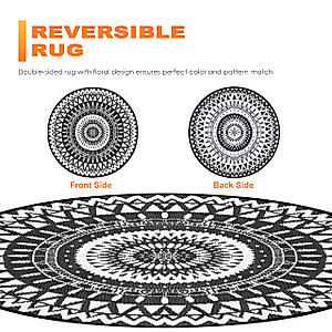 NUU GARDEN Round Outdoor Rug for Patios Plaid Reversible Patio Rug, Plastic Straw Indoor and Outdoor Round Rug for Outdoors, RV, Backyard, Deck, Picnic, Beach, Trailer, Camping, 5 * 5 ft