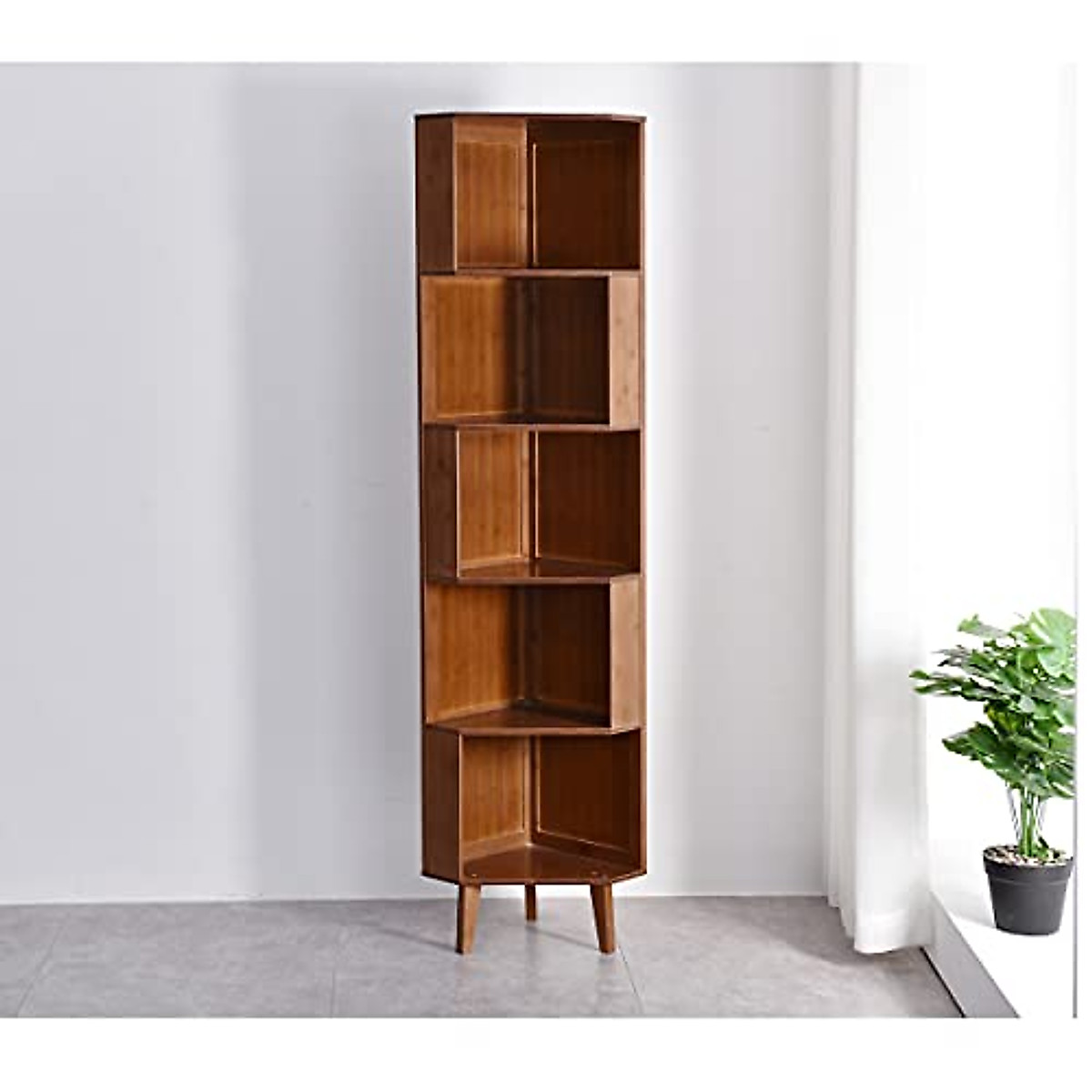 Maydear 5-Tier Corner Bookcase, Bamboo Corner Shelf, Display Rack Small Bookshelf and Plant Stand for Living Room, Home Office, Kitchen