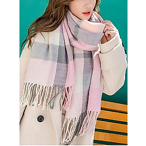 Wander Agio Women's Fashion Scarves Long Shawl Winter Thick Warm Knit Large Plaid Scarf Pink Grey 2