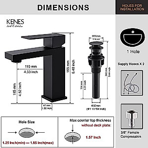 KENES Matte Black Single Handle Bathroom Sink Faucet, Stainless Steel Vanity Faucet for Bathroom Sink, with Pop Up Drain Stopper & Water Supply Hoses LJ-9031-2