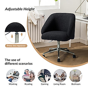 HULALA HOME Sherpa Home Office Desk Chair, Comfy Upholstered Adjustable Height Task Chair, Lamb Fleece Vanity Chair for Bedroom, Study Room, Black
