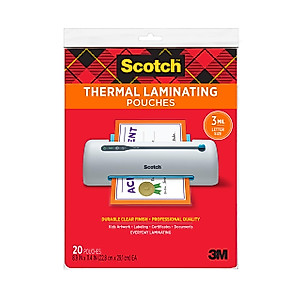Scotch Thermal Laminating Pouches, 3 Mil thick, Durable, Clean Finish, Professional, Quality, 8.9 x 11.4-Inches, 20-Pack, Clear (TP3854-20)