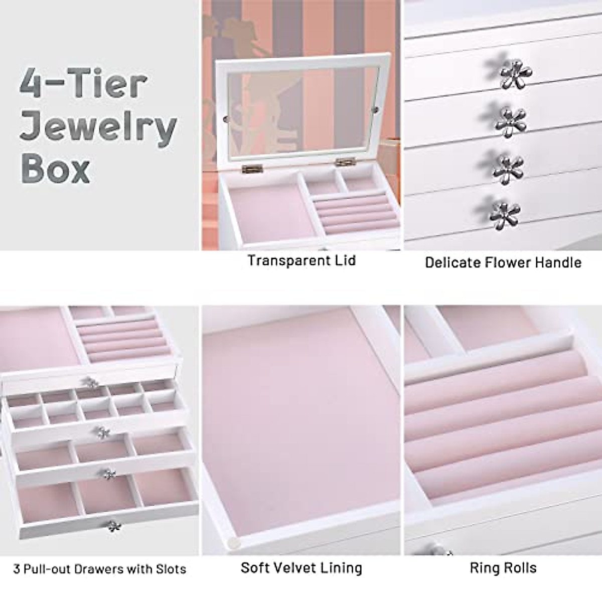 Ampersand Shops Elegant Jewelry Chest Box Storage Organizer with Mini Drawers and Mirror for Rings, Earrings, Bracelets and Necklaces (White))