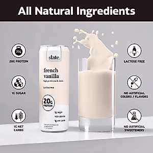 Slate Milk - High Protein Milk Shake - French Vanilla - Lactose Free, 20g Protein, 1g Sugar, 100 Calories, 1g Net Carbs, No Added Sugar - Natural, Breakfast Boost, Post Workout - 11 fl oz, 12 Cans