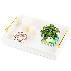 Hanobe White Decorative Trays for Coffee Table MDF Large Ottoman Tray for Living Room Bathroom Coffee Bar Decor Modern Tray with Gold Handles (White, 1)
