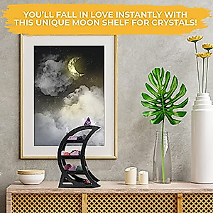 CEFRECO Wooden Crystal Display Shelf - Crystal Holder for Stones and Essential Oil - Black Witchy Decor Crescent Moon Phrase Decorative Shelves for Table Top - Unique Crystal Shelf Display Stand