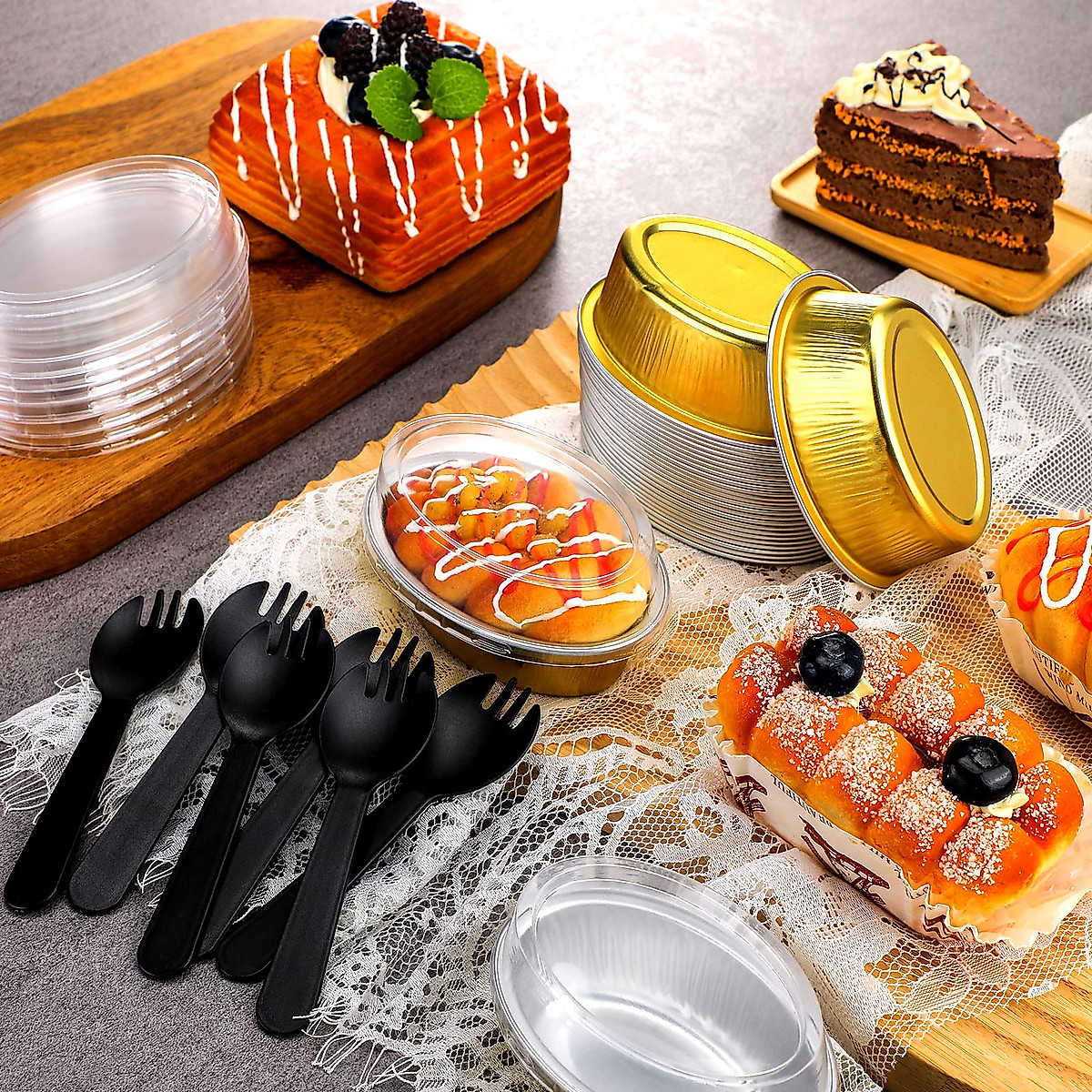 100 Pcs Aluminum Foil Cupcake Baking Cup with Lids Disposable 3 oz Mini Foil Baking Cups with Plastic Spoon, Muffin Liners, Ramekins for Dessert, Creme Brulee, Pudding Oven Pot Baking Kitchen Wedding