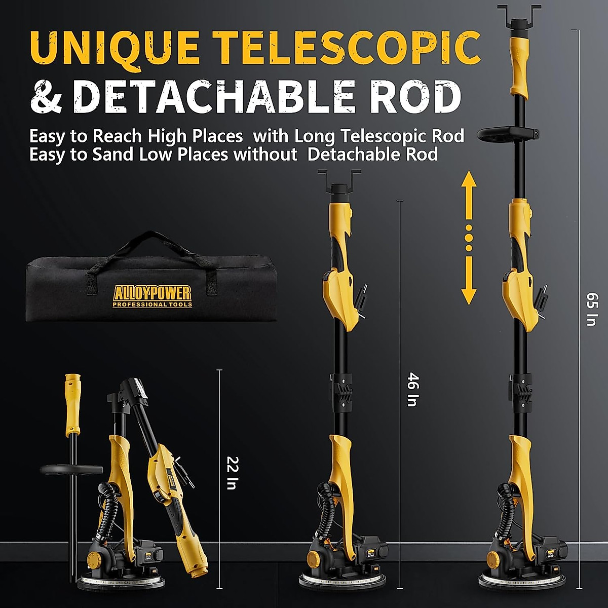 ALLOYPOWER Drywall Sander, 1050W Electric Drywall Sander with Vacuum Dust Collection, 6 Variable Speed 2100RPM,Double-Deck LED Light, Foldable & Extendable Handle, Dust Bag and Hose