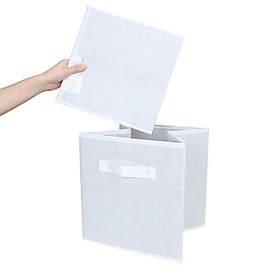 EZOWare Set of 10 Fabric Basket Bins, White Collapsible Organizer Storage Cube with Handles for Home, Bedroom, Baby Nursery, Kids Playroom - 10.5"x 10.5"x 11"