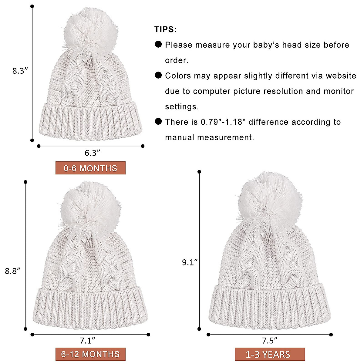 JANGANNSA Winter Knit Baby Hat Twist Warm Beanie for Boys Girls Infant Toddler Baby Beanie with Pompom (0-6 Months,Ivory White)
