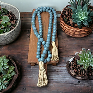 90" Wooden Bead Garland with Jute Tassels - Boho Wedding Garland, Rustic Boho Home Decor, Coffee Table, Mantle Decorations, Farmhouse Decor, Boho Decor (1, Dusty Blue Round)