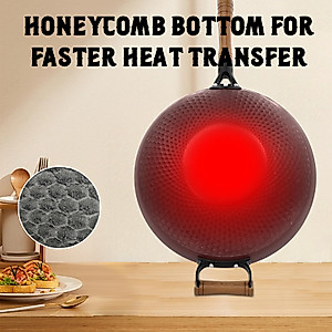 Cast Iron Wok 12.6 Inch Nitriding Process to Prevent Rust, Lotus Ripple Instant Heat Pre-Seasoned Stir Fry Pan with Helper Handle