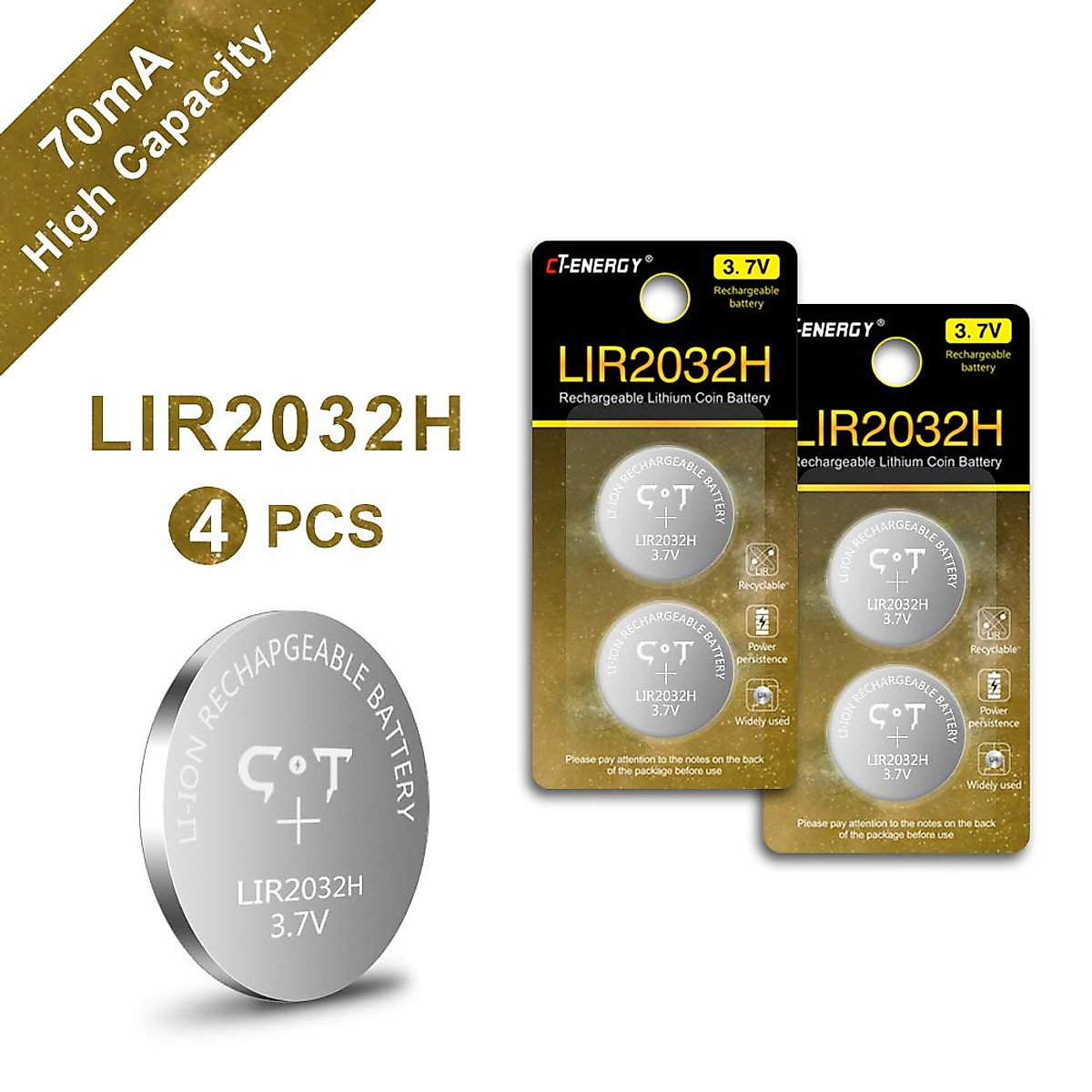 CT-ENERGY LIR2032 Rechargeable Batteries 3.7V with High Capacity 70mA Can Be Replacement of Rechargeable Coin Cell Lithium Batteries ML2032