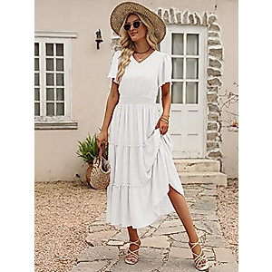 LILLUSORY Womens Midi Dresses 2023 Summer Short Sleeves Flowy Tiered Long Maxi Dress White