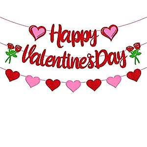 Happy Valentine’s Day Banner Romanic Red Heart Garland for Women Girls Valentine’s Day Themed Anniversary Wedding Engagement Bridal Shower Party Supplies Glitter Decorations