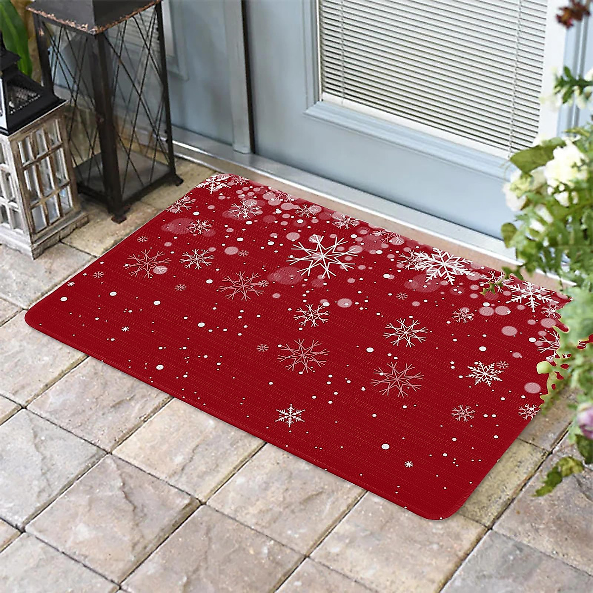 Christmas Bath Rugs White Snowflake Sponge Doormat Absorbent Non Slip Backing Durable Soft Flannel Mat Red Christmas Memory Foam Mats Carpet for Bathroom Kitchen, 18 x 30 inch