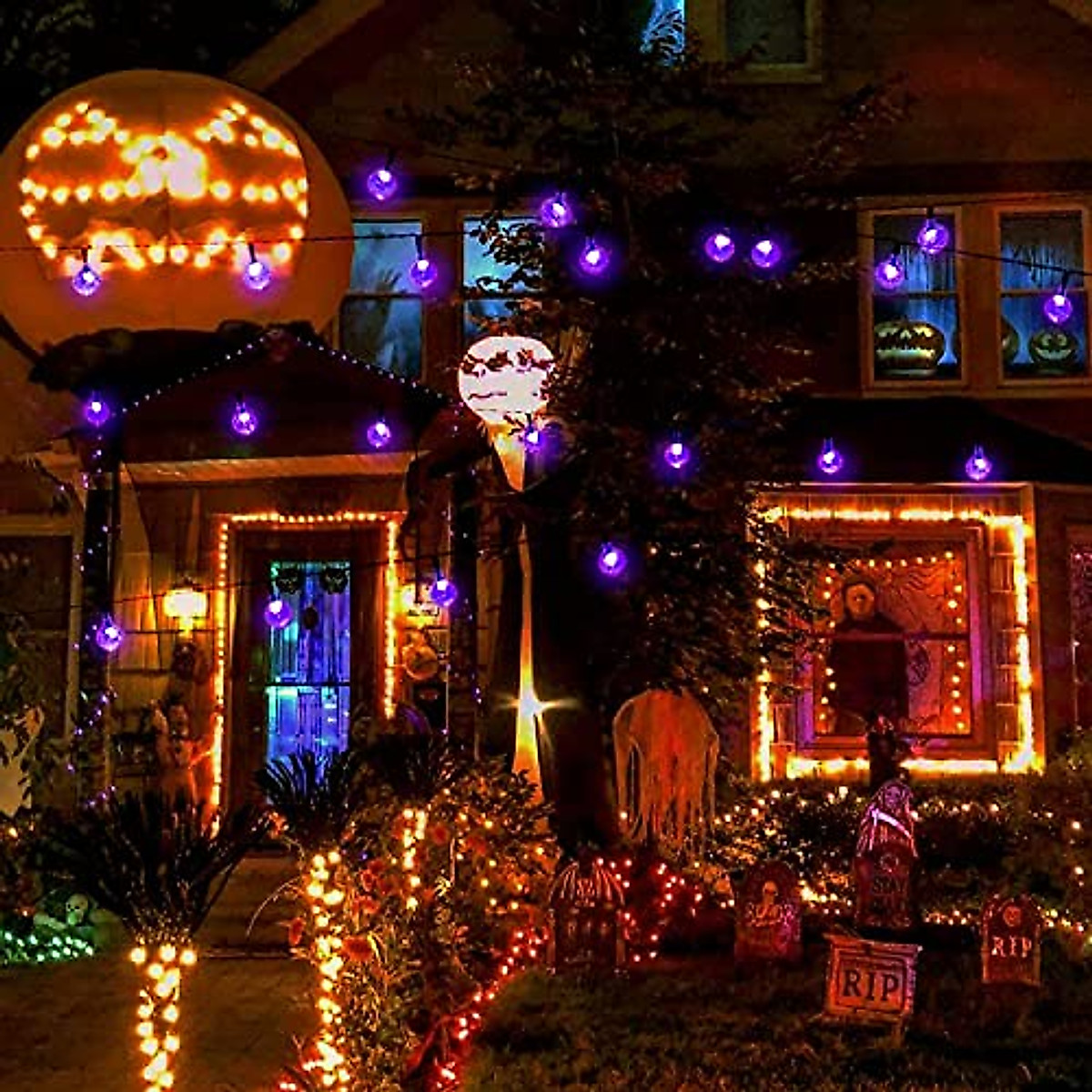 JMEXSUSS 2 Pack Solar String Lights Outdoor, Total 41.6 FT 60 LED Crystal Globe Christmas Lights, 8 Modes Solar Powered Halloween Lights for Patio Porch Garden Halloween Decorations(Purple)
