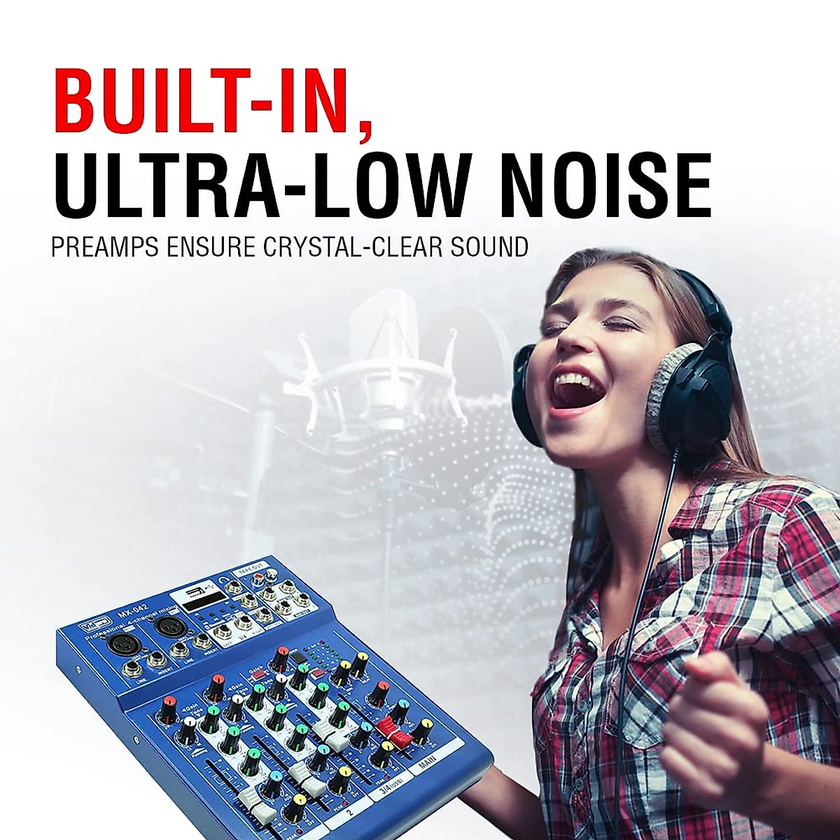 Vidpro MX-042 Professional Audio Mixer - Sound Board Console - Desk Interface System with 4 Audio Inputs Bluetooth MP3 & More Ultra-Low-Noise Ideal for Recording Casting Streaming & DJ Use
