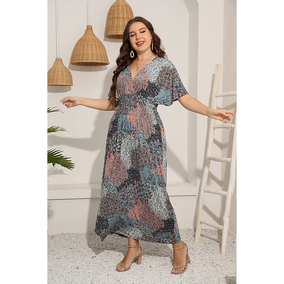 OSTOO Women's Plus Size Hawaii Empire Waist Bat Short Sleeve Casual Floral Print Boho Maxi Dress（Flower 3,4XL