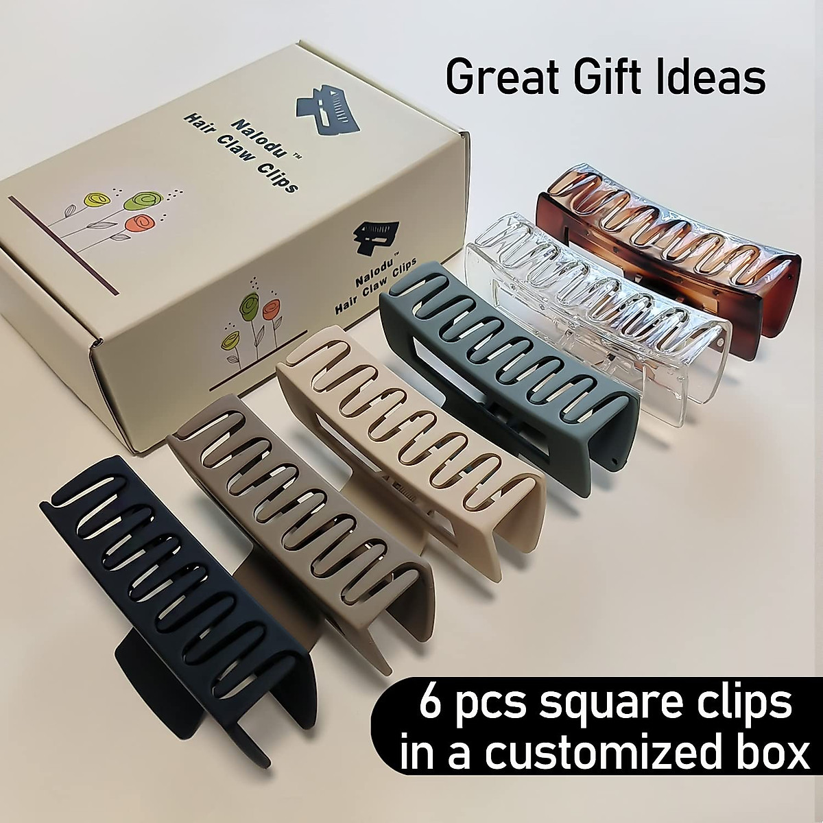 Nalodu Rectangle Hair Claw Clips Large 4 Inch Matte Square Clear No Slip Big Jaw Clip Multi-Colored for Thick Hair Women, 6 Pack