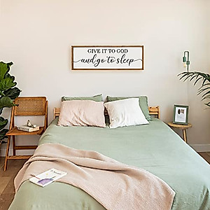 Framed Give it to God and Go to Sleep Signs 36”x12” Above Bed Wall Decors Wall Art for Bedroom Wood Signs (36X12 inch, Brown)