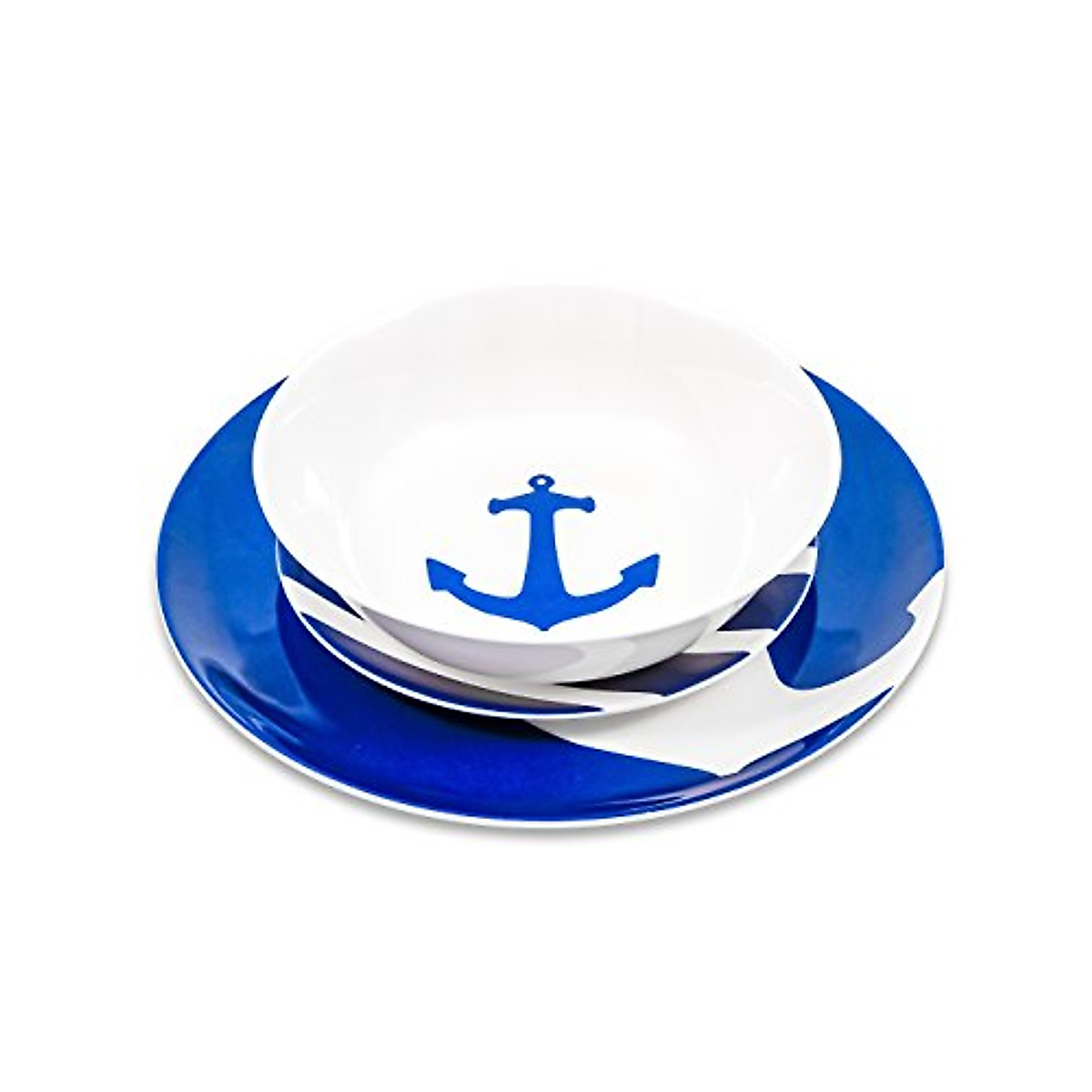 Camco Blue and White Nautical Design 12 Piece Dishware Set- Includes Marine Style Plates and Bowls | Perfect Boating, Sailing, Fishing, The Beach and More | Melamine Material -(41951)