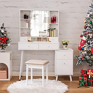 BEWISHOME Vanity Desk, White Vanity with Charging Station & Nightstand, Makeup Desk Makeup Vanity with Lights with 3 Colors Modes, Makeup Table Vanity Table with Sliding Mirror Dressing Table FST19W