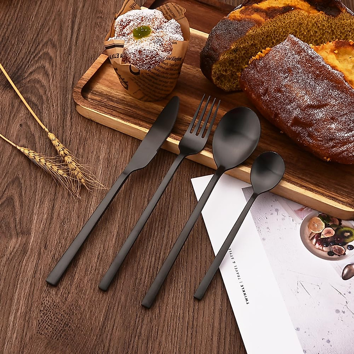 Uniturcky 16 Pcs Modern Silverware Flatware Sets, Stainless Steel Cutlery Set for 4, Forks Spoons and Knives Set for Home kitchen Restaurant, Square Handle Utensils, Matte Black