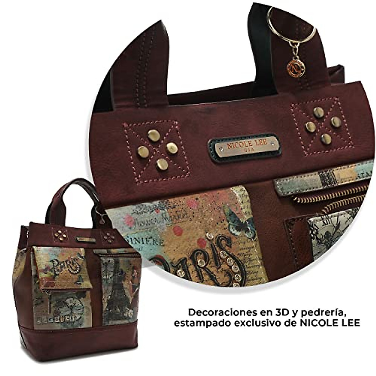 Nicole Lee Paris Fashion Week Large Shoulder Tote Bag, Butterfly Flower Embellishments, Multiple Pockets, Optional Crossbody Strap