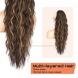 SEIKEA 26" Highlight Ponytail Extension，PT003 Eva Long Drawstring Ponytail Wavy Clip in Hair Extensions Ponytail Natural Soft Synthetic Hairpiece for Women Chocolate Brown with Blonde Highlights