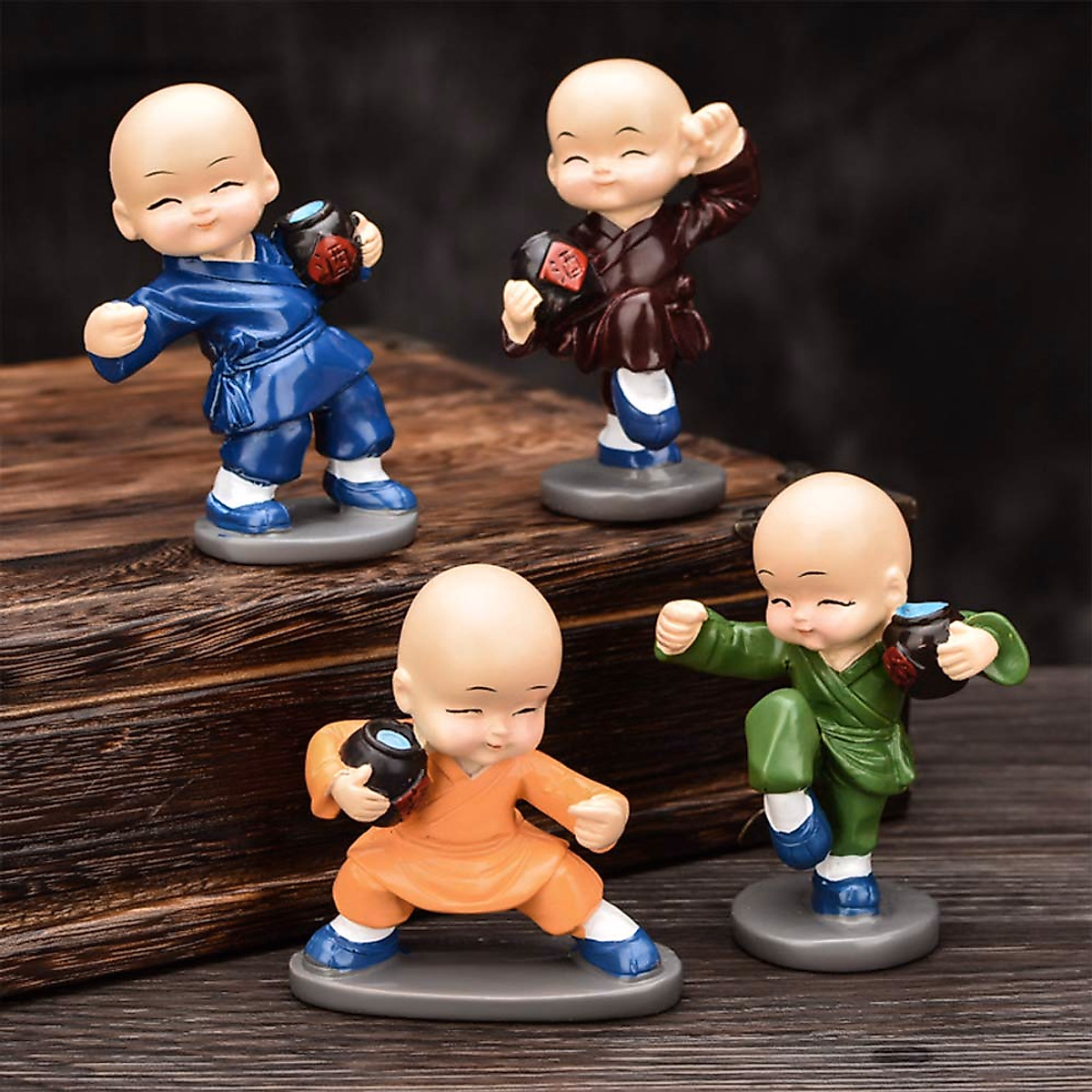LOHOME 4 Pcs/Set Cute Shaolin Kungfu Kids Cans Drunken Boxing Monk Decoration Supplies - Resin Creative Craft Accessories Car Dashboard Ornament Car Home Decor