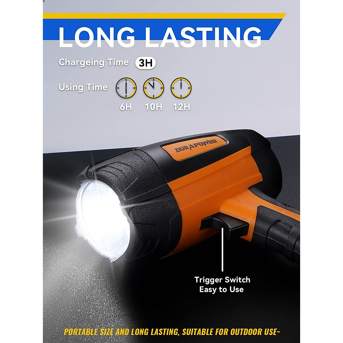 Durapower Rechargeable Spotlight, 60000 Lumen Super Bright LED Handheld Spotlight, IP44 Waterproof Spotlight Flashlight Portable for Marine Boat Camping Country Farm Gift