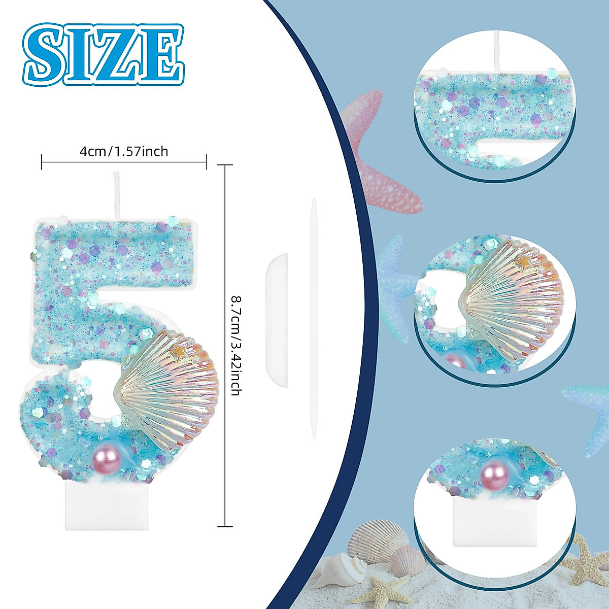Blue Birthday Number 6 Candle, Girls Glitter Shell Sequins Birthday Candles for Cake Decorations, Mermaid Theme Party Birthday Wedding Anniversary Celebration Supplies