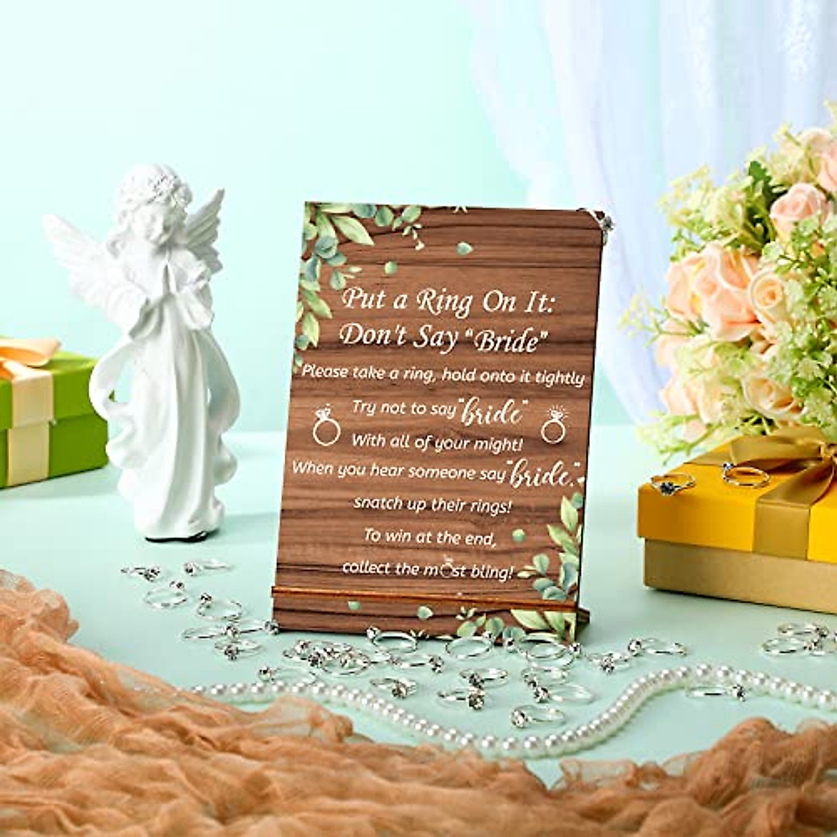 Put a Ring on It Bridal Shower Game with 100 Pcs Metal Fake Rings, Rustic Greenery Bridal Shower Favors Not Say Bride Rules Wedding Shower Games Wooden Bridal Shower Gifts for Guests (Silver)