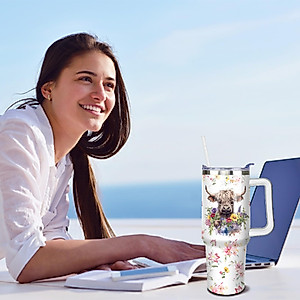 thmasamwr Just A Girl Who Loves Cows Tumbler with Lid and Straw, Stainless Steel 40oz Tumbler with Handle, Cow Print Travel Coffee Mug Cups Gifts for Women and Girls