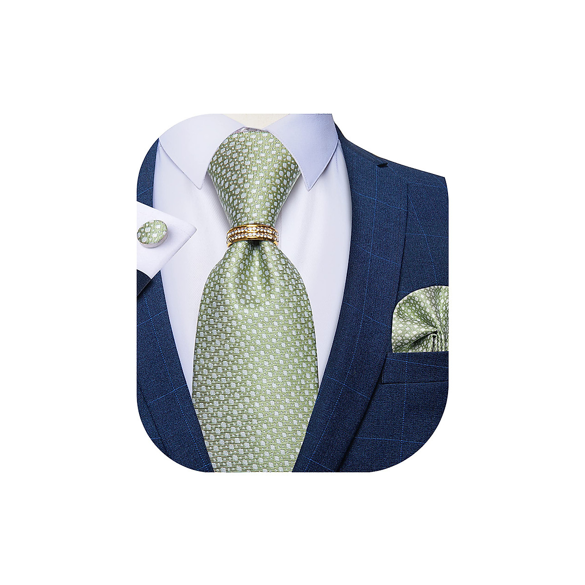 DiBanGu Mens Sage Green Solid Color Tie Set Formal Light Green Necktie and Pocket Square Cufflinks Tie Ring Set in Gift Box