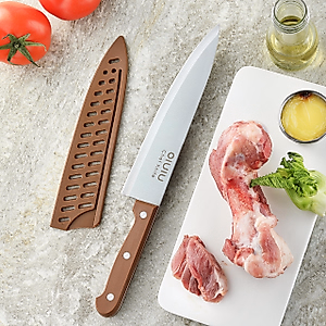 OLULU 8 inch Chef Knife, Razor Sharp Kitchen Knife with Protective Knife Sheath, Razor Sharp Slicing Knife with Ergonomic Handle, German Stainless Steel, Dishwasher Safe (Brown Color)