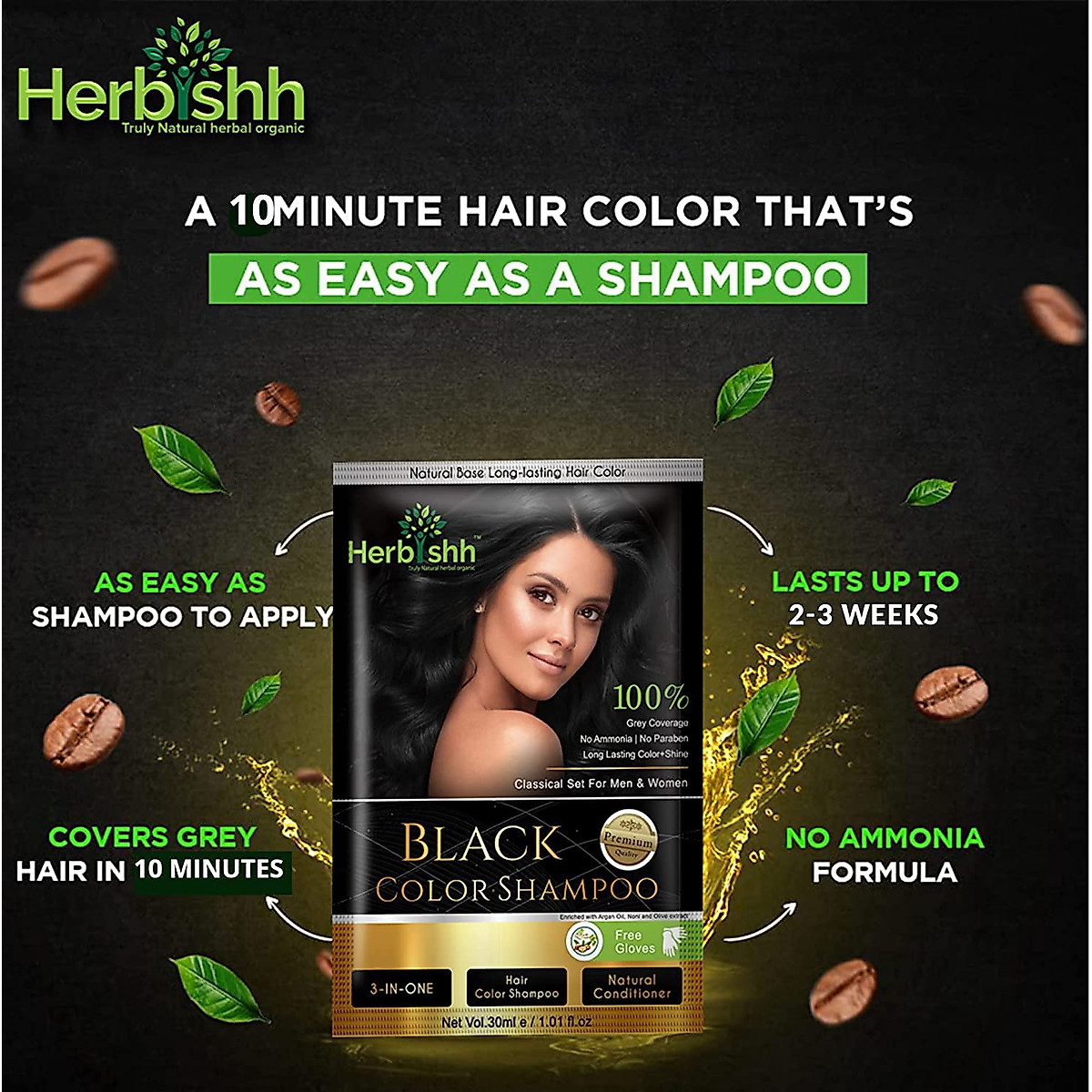 Herbishh Hair Color Shampoo Pouch/Sachte Combo Pack of Two for Gray Hair (Black) With Moroccan Argan Hair Shampoo + Hair Conditioner Kit